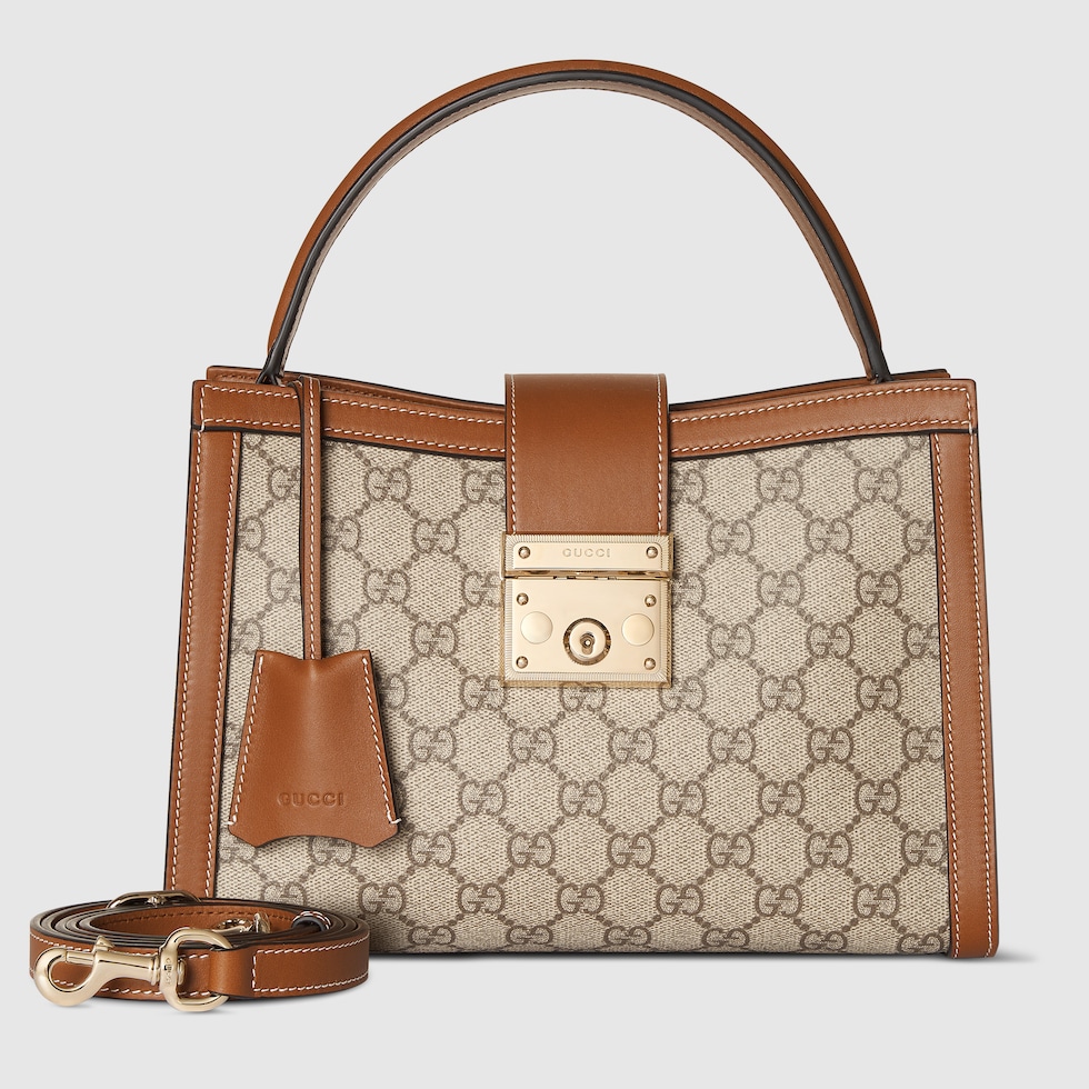 Padlock medium top handle bag in beige and brown GG fabric | GUCCI® AU