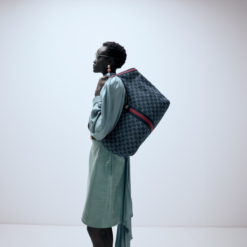 Gucci Giglio large tote bag in blue and white GG denim | GUCCI® Australia