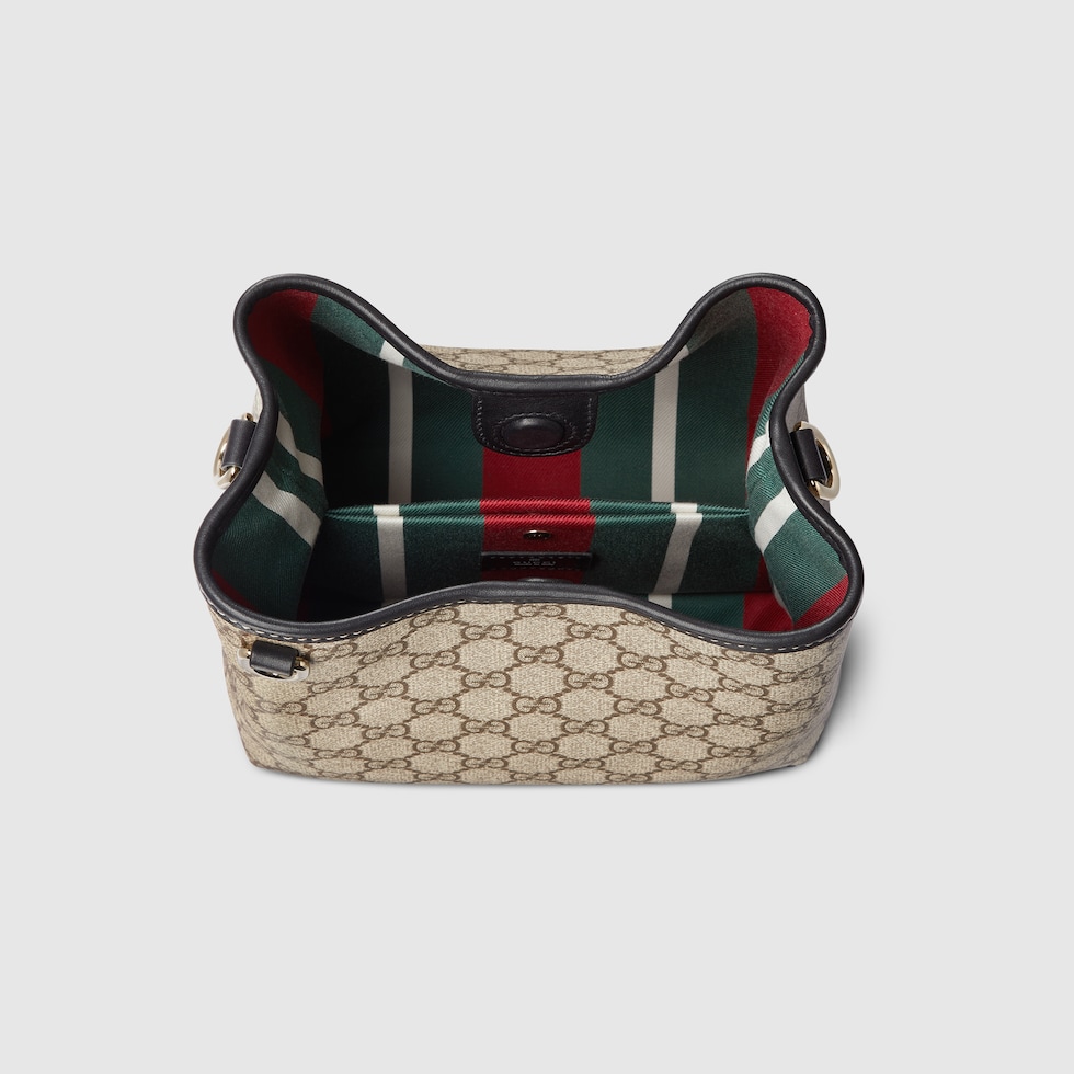GG Emblem small bucket bag in beige and brown GG fabric | GUCCI® US