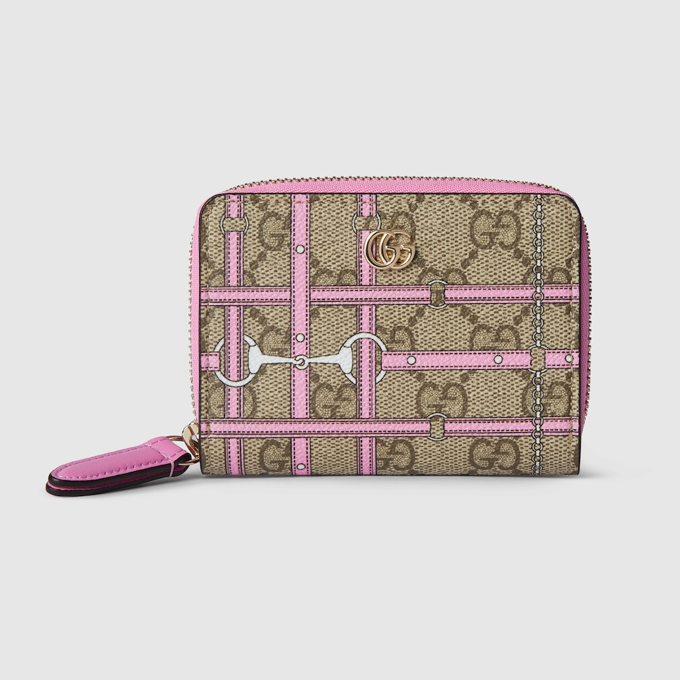 Mini zip wallet with print in beige and dark brown fabric | GUCCI® UK
