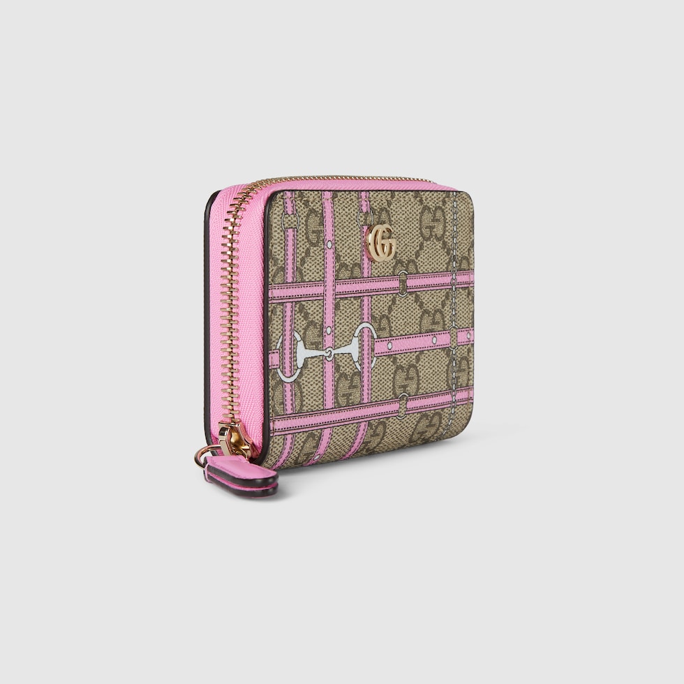 Mini zip wallet with print in beige and dark brown fabric | GUCCI® UK