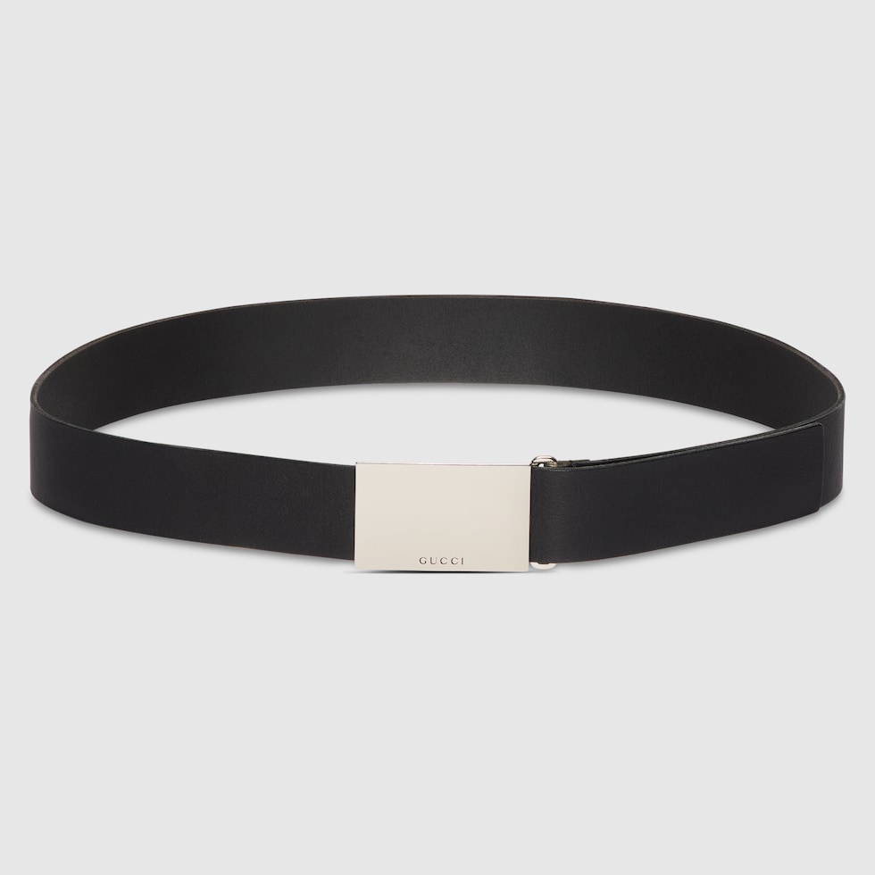 Belt with rectangular buckle in black leather | GUCCI® SA