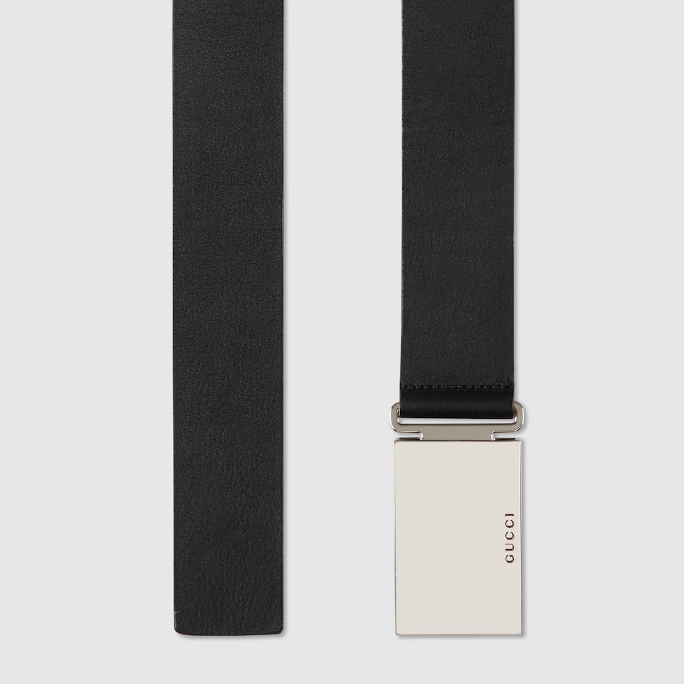 Belt with rectangular buckle in black leather | GUCCI® AE