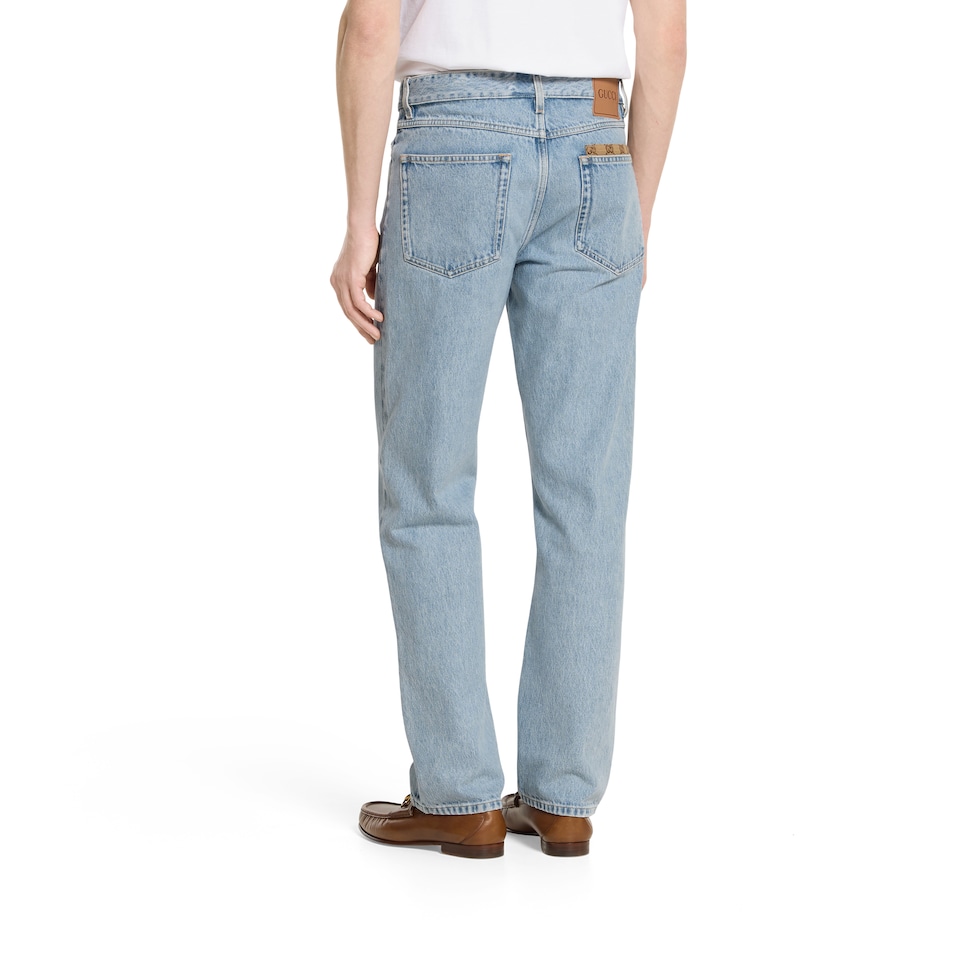 Washed denim pant with GG insert in light blue | GUCCI® US