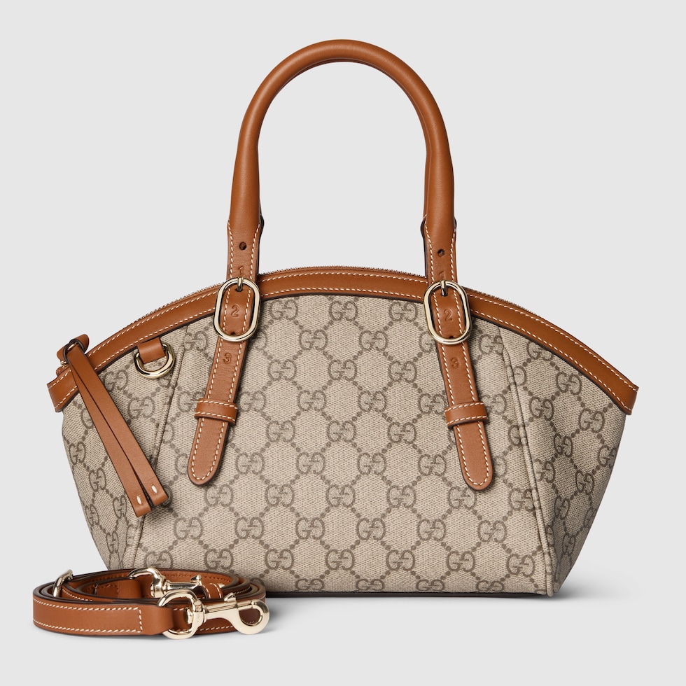 GG Emblem small top handle bag in beige and brown GG fabric | GUCCI® AE