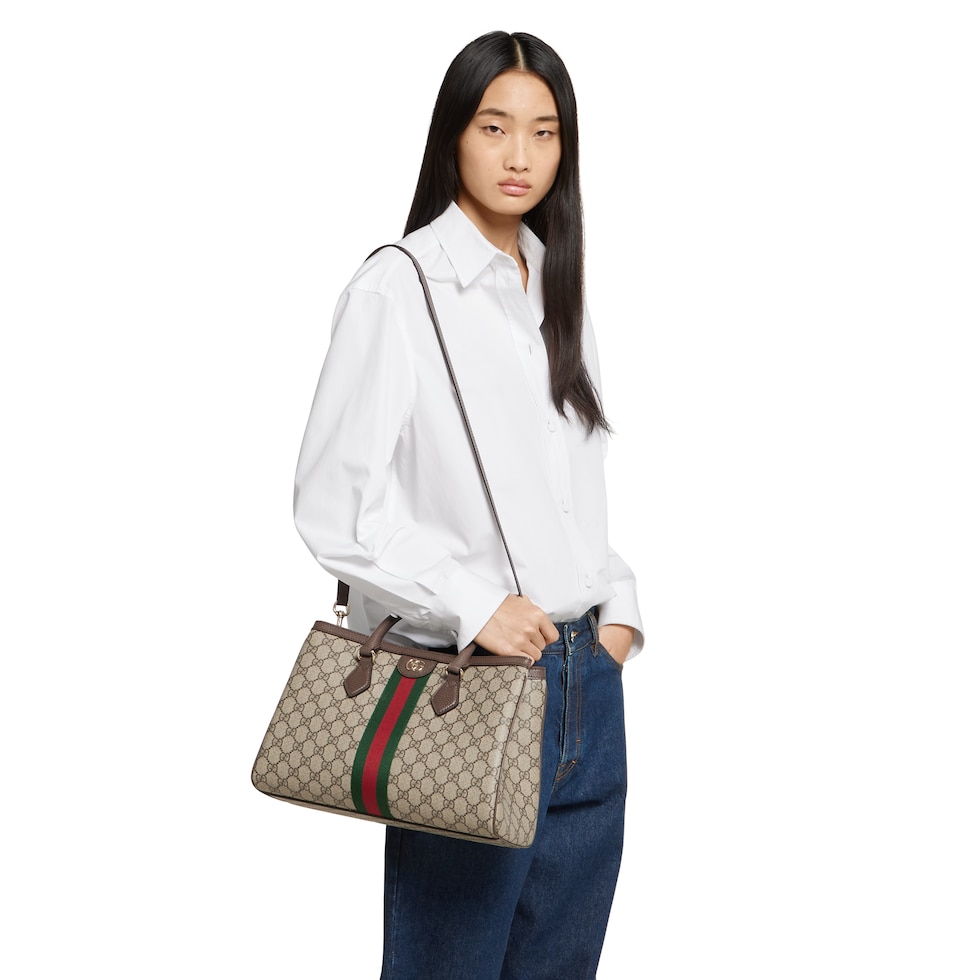 Ophidia medium tote bag in beige and brown GG fabric | GUCCI® UK