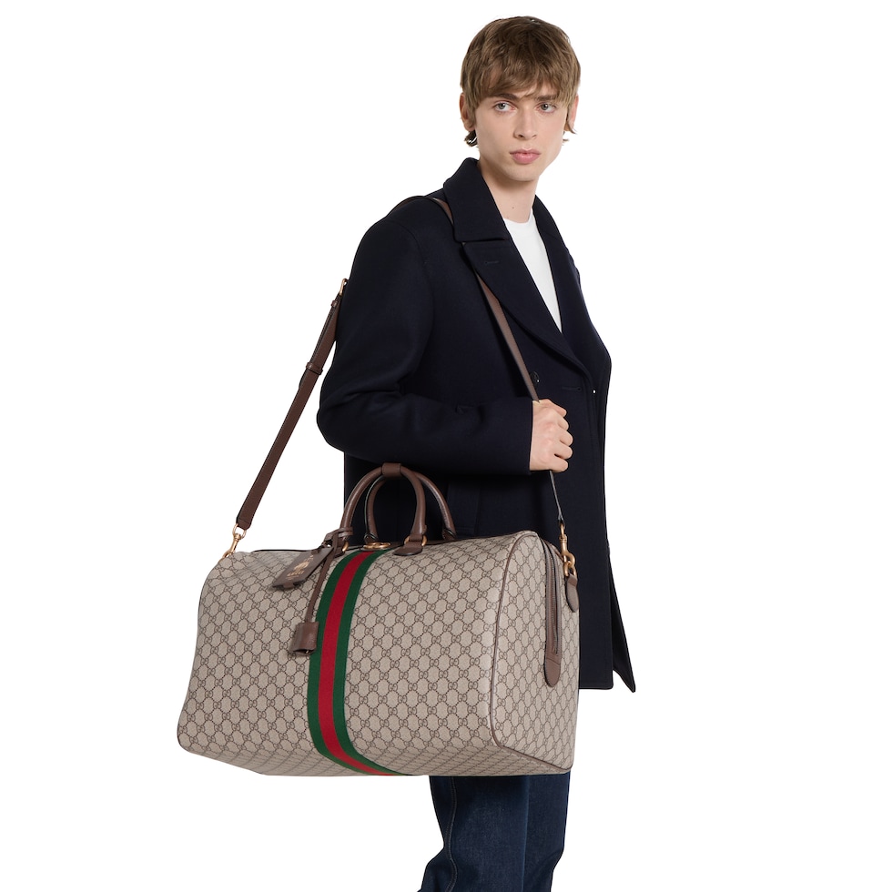 Gucci Savoy large duffle bag in beige and dark brown fabric | GUCCI® SG
