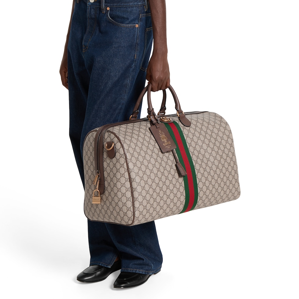 Gucci Savoy large duffle bag in beige and dark brown fabric | GUCCI® SG
