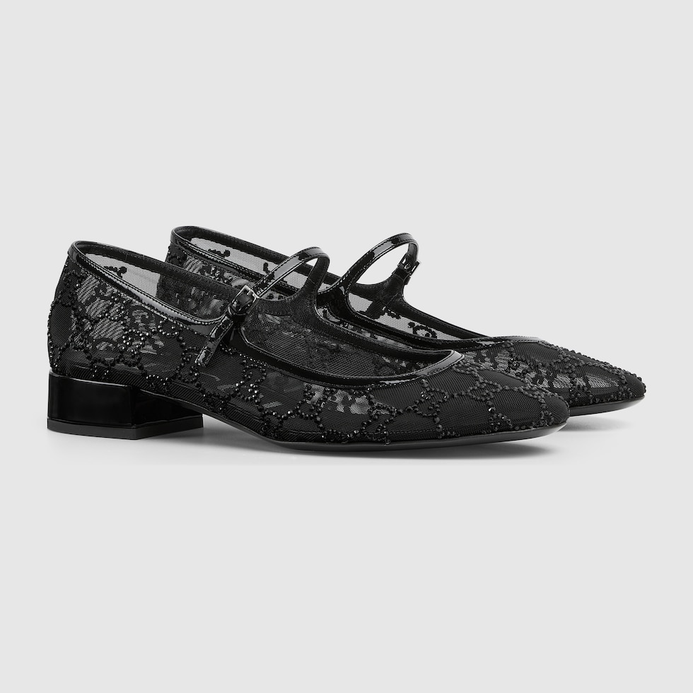 Women's GG crystal ballet flat in black mesh with GG crystals | GUCCI® FR