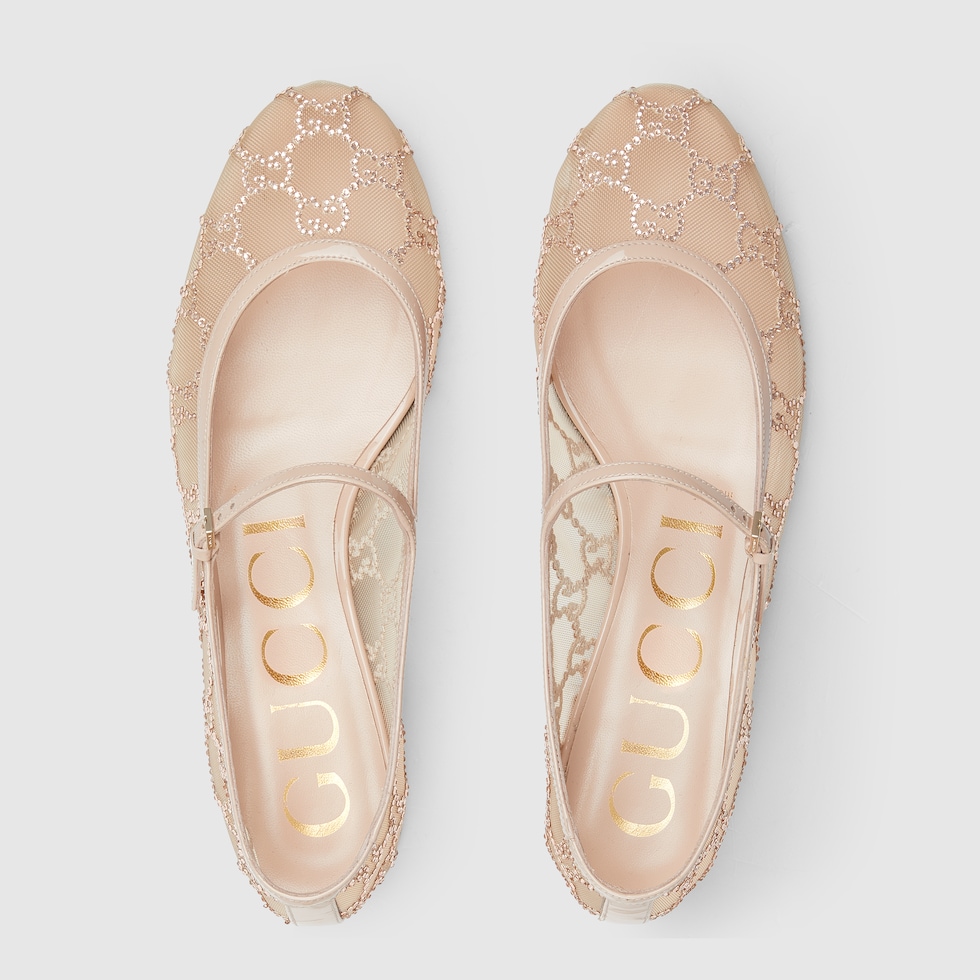 Women's GG crystal ballet flat in light pink mesh with GG crystals ...