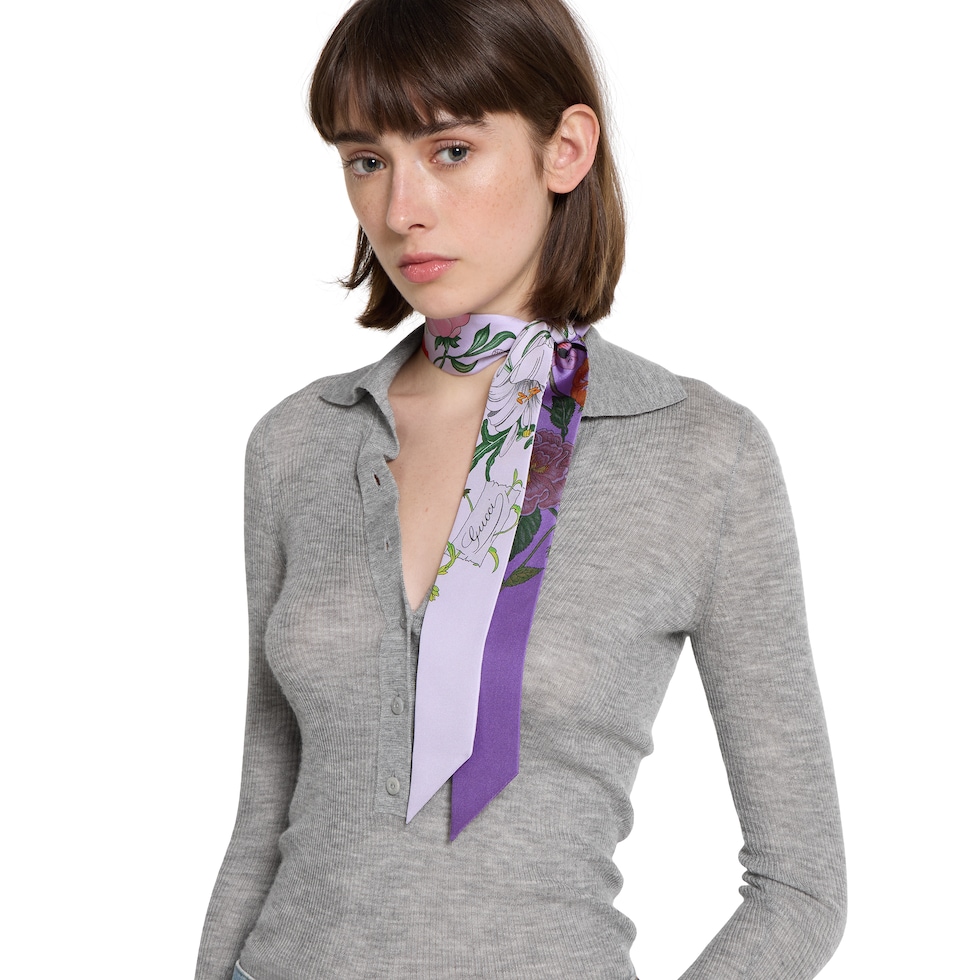 Printed silk twill neck bow in lilac | GUCCI® US