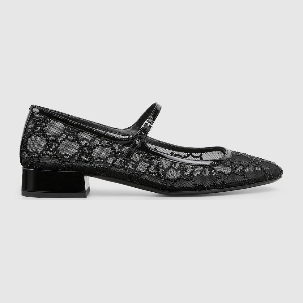 Women's GG crystal ballet flat in black mesh with GG crystals | GUCCI® CA