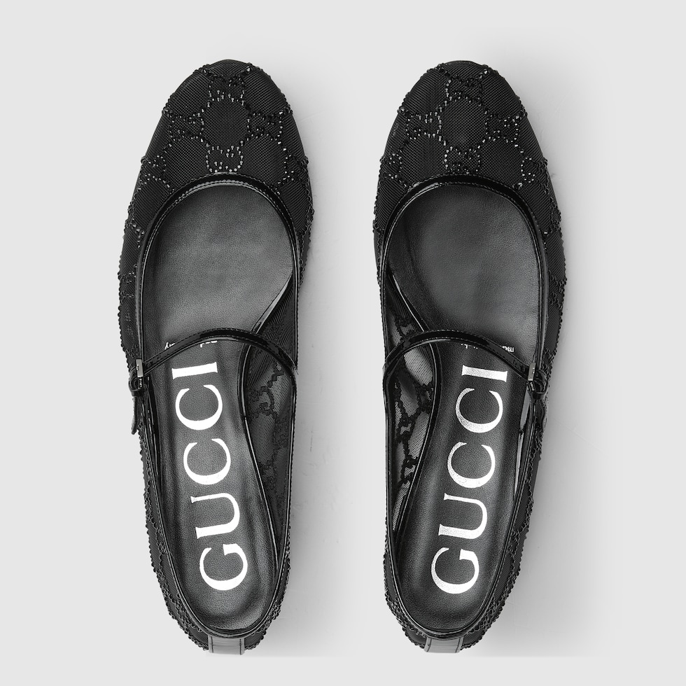 Women's GG crystal ballet flat in black mesh with GG crystals | GUCCI® FI