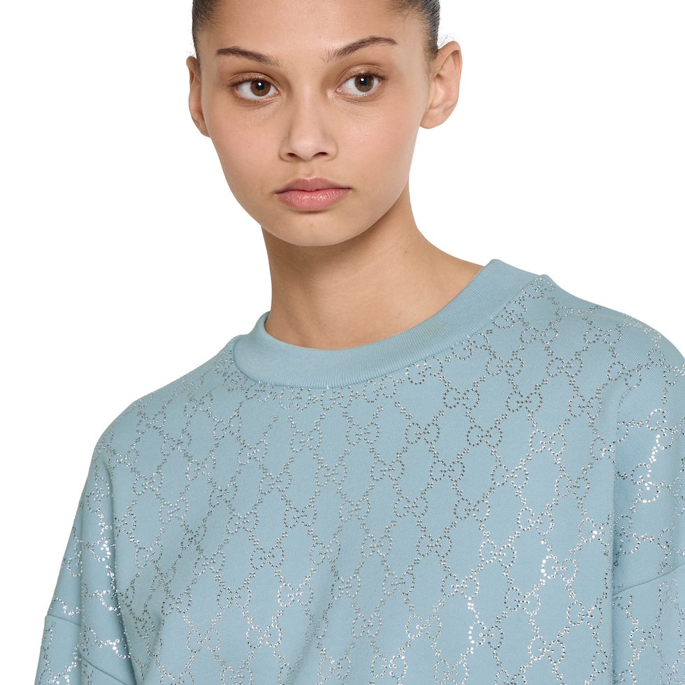 Cotton jersey sweatshirt with crystals in light blue | GUCCI® US