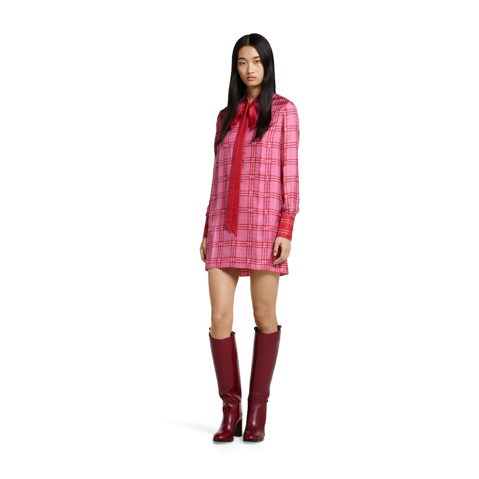 Printed silk twill dress in pink and rosso ancora red | GUCCI® US
