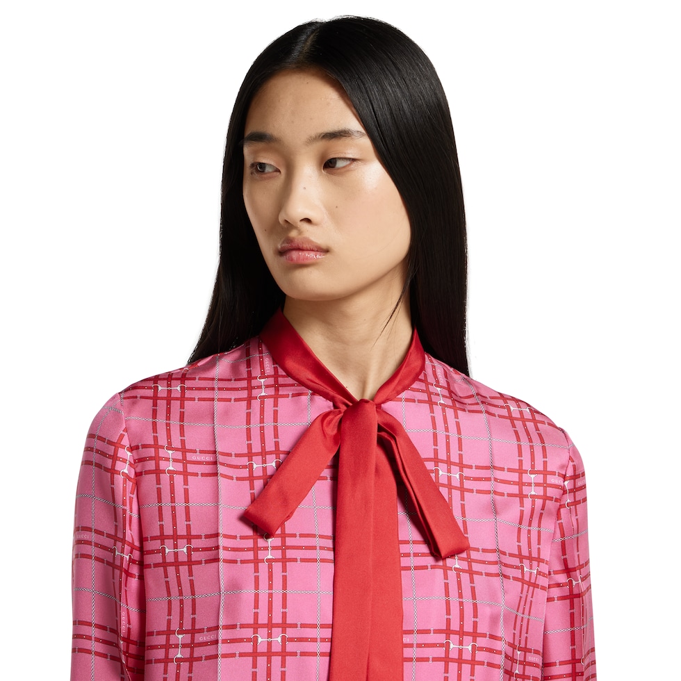 Printed silk twill dress in pink and rosso ancora red | GUCCI® US