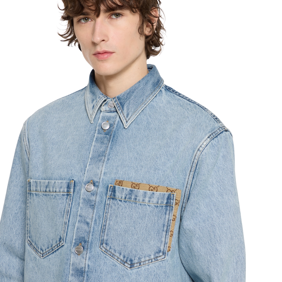 Washed denim shirt with GG insert in light blue | GUCCI® US