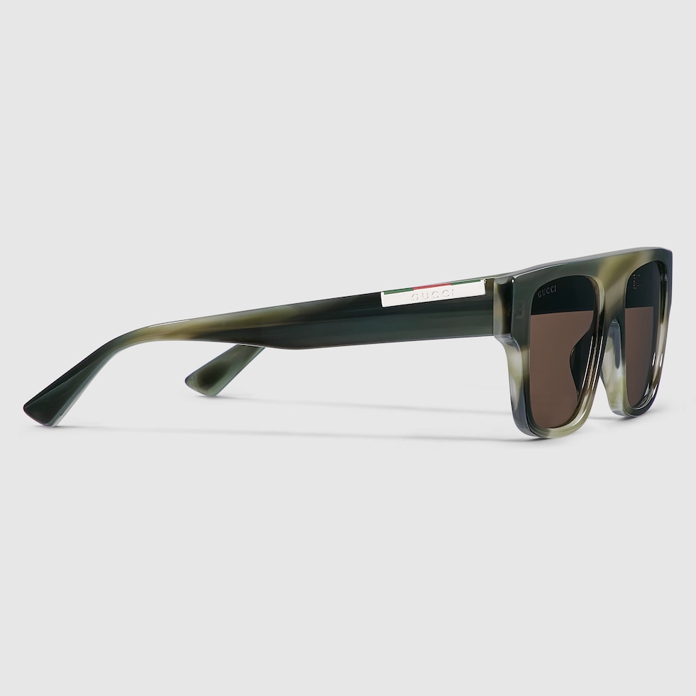 Rectangular frame sunglasses in striped green tortoiseshell | GUCCI® CA