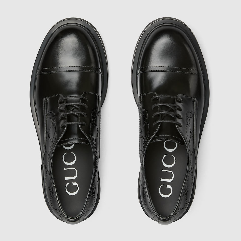 Men's lace-up shoe with GG detail in black leather | GUCCI® IE