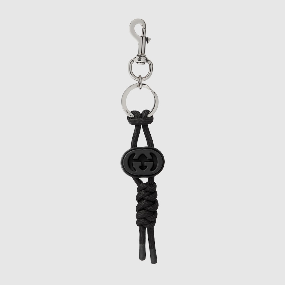Keychain with Interlocking G in black rope | GUCCI® TR