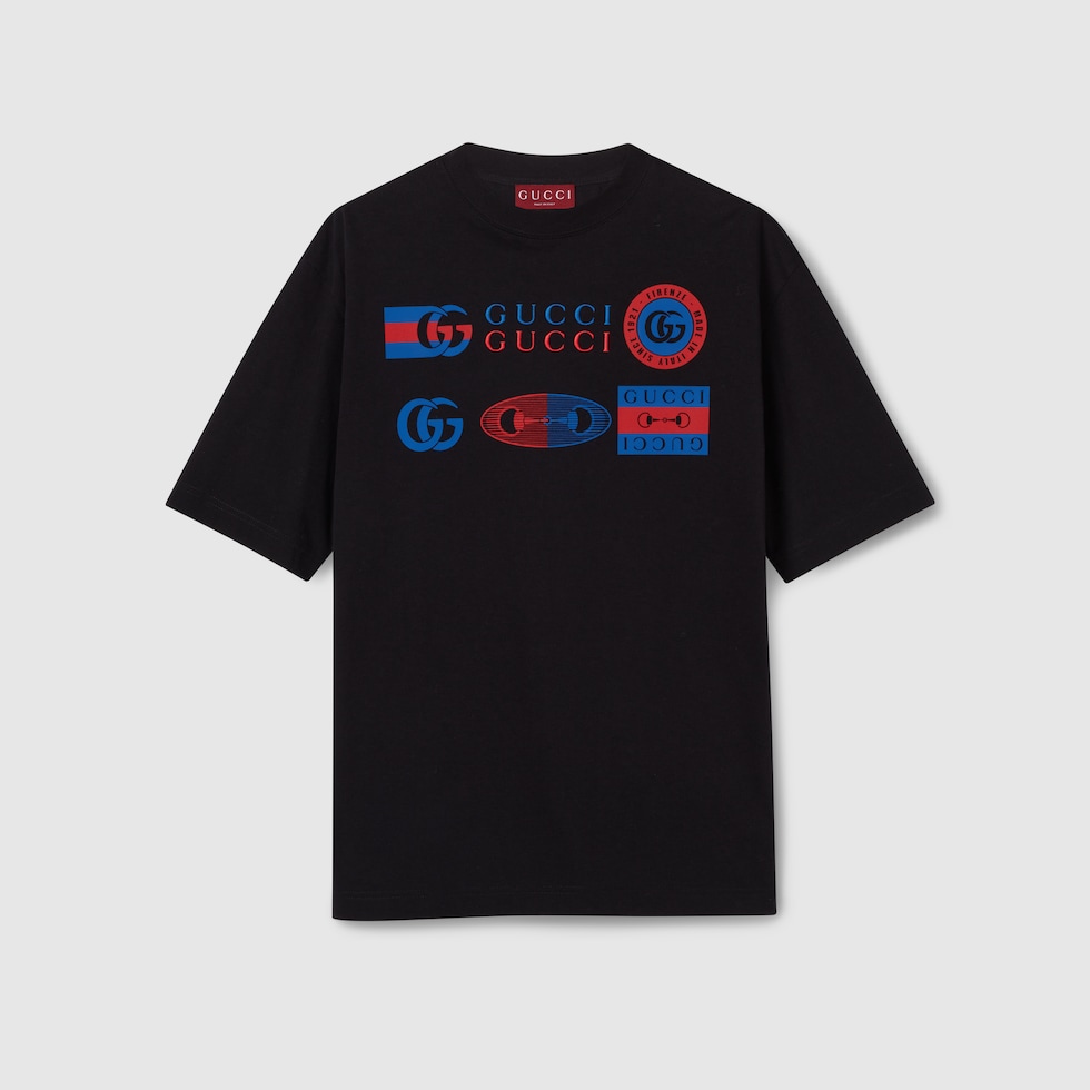 Printed cotton jersey T-shirt in black | GUCCI® US