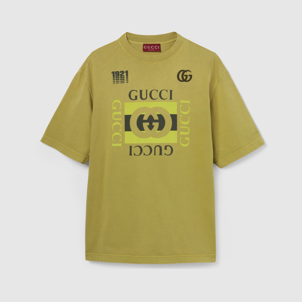 Printed cotton jersey T-shirt in forest green | GUCCI® US