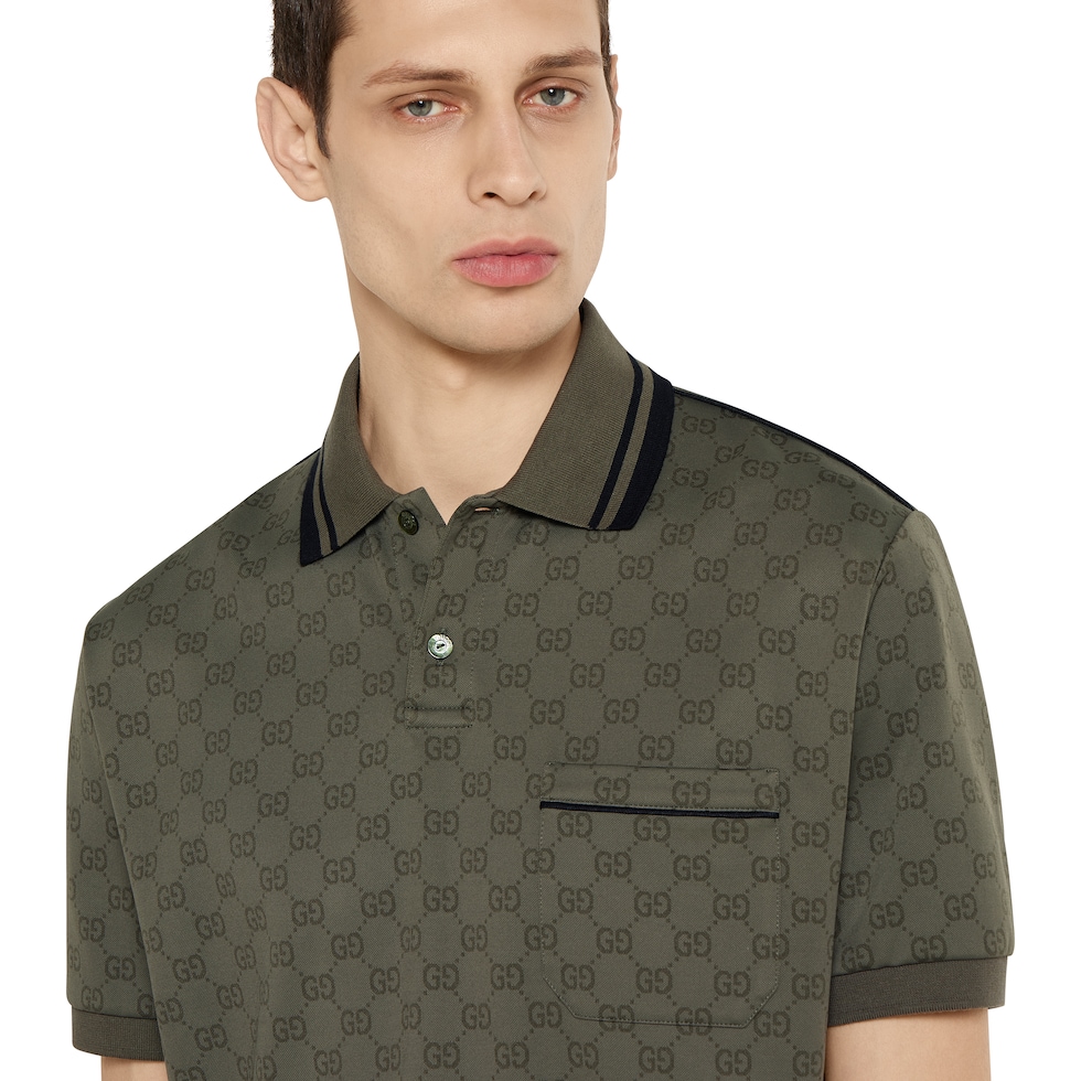 Polo in jersey GG jacquard in verde bosco | GUCCI® IT