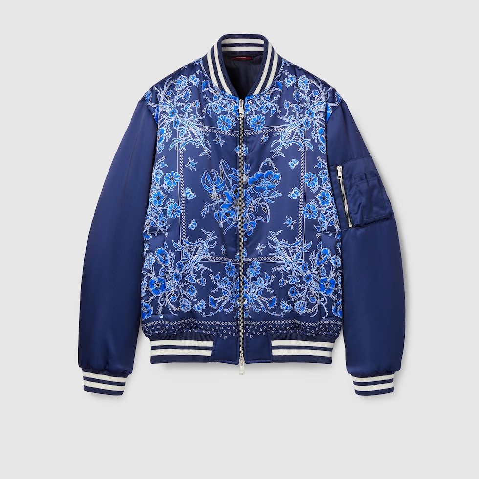 Printed satin zip jacket in blue | GUCCI® NL