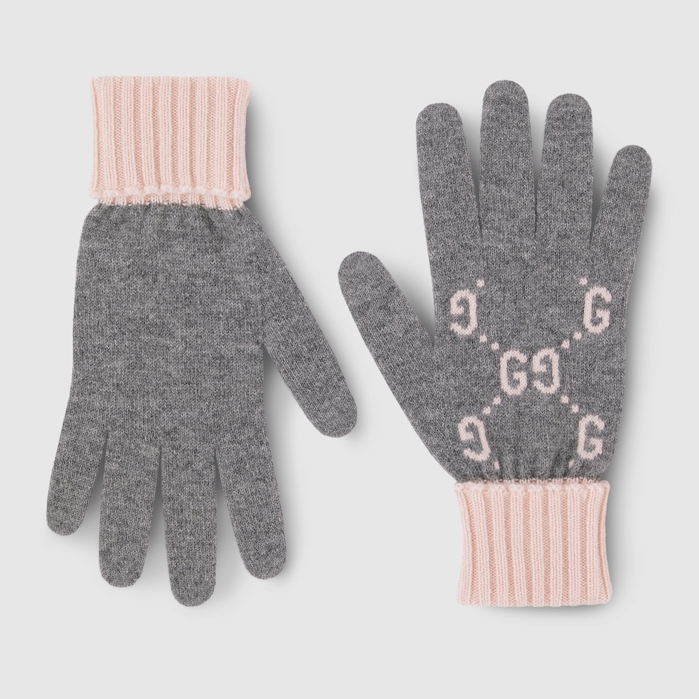 GG cashmere jacquard gloves in grey and pink | GUCCI® UK
