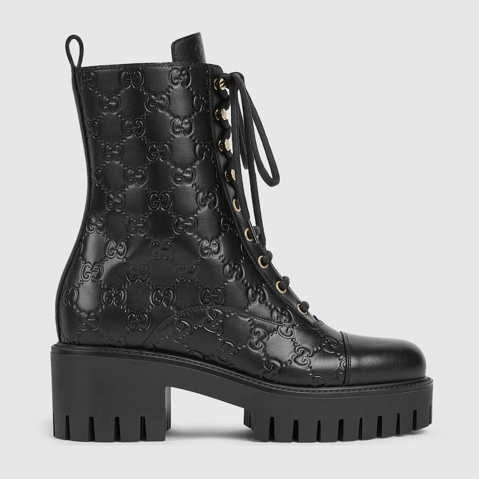 Women's lace-up ankle boot with GG in black GG leather | GUCCI® ZA
