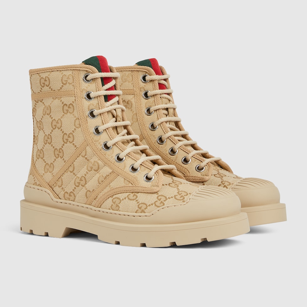 Women's boot with Web in beige and dark brown Original GG canvas ...