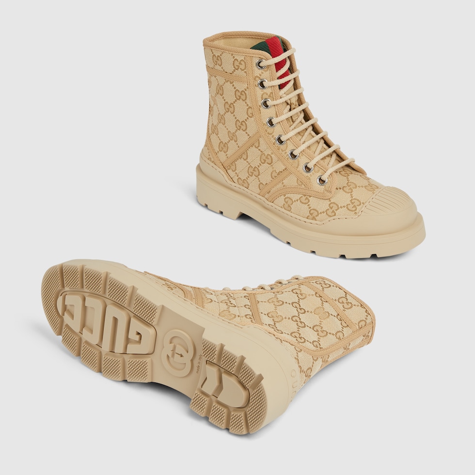 Women's boot with Web in beige and dark brown Original GG canvas ...