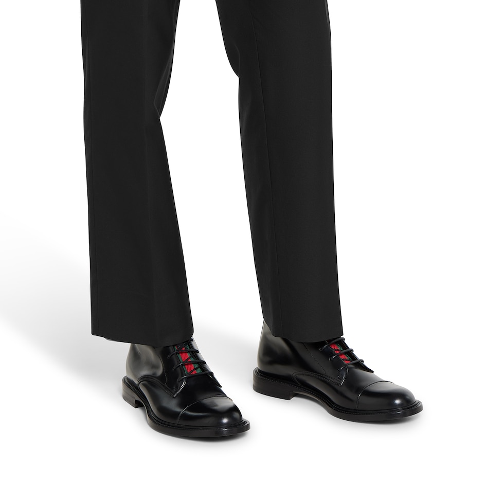 Men's lace-up boot with Web in black shiny leather | GUCCI® CA