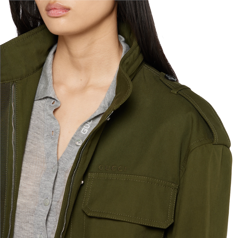 Cotton canvas jacket with embroidery in forest green | GUCCI® HU