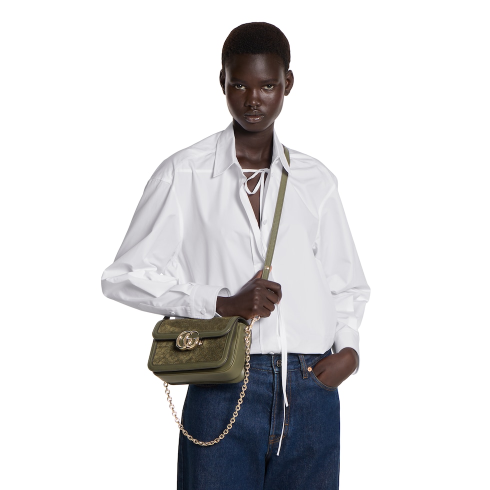 Gucci Go small shoulder bag in forest green GG suede | GUCCI® NZ