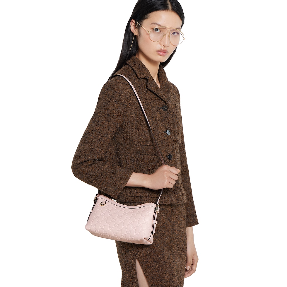 GG Emblem small shoulder bag in pink GG leather | GUCCI® CA