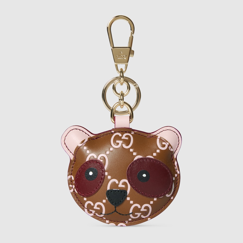 Panda-shaped bag charm in brown and pink canvas | GUCCI® ZA