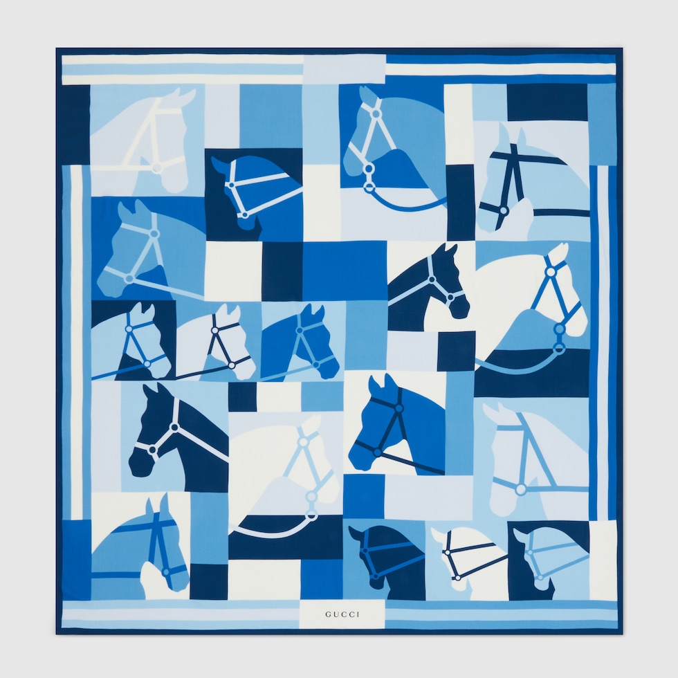 Wool shawl with equestrian motif in dark blue and blue | GUCCI® CA