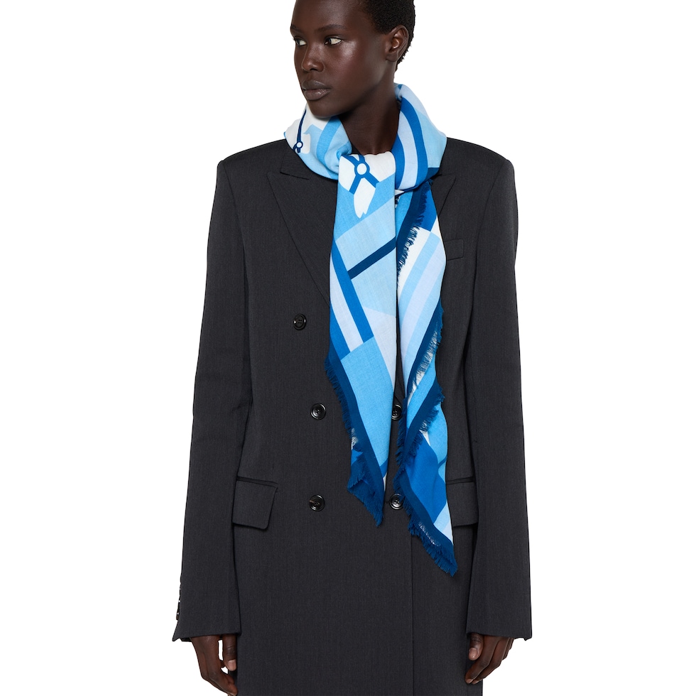 Wool shawl with equestrian motif in dark blue and blue | GUCCI® CA