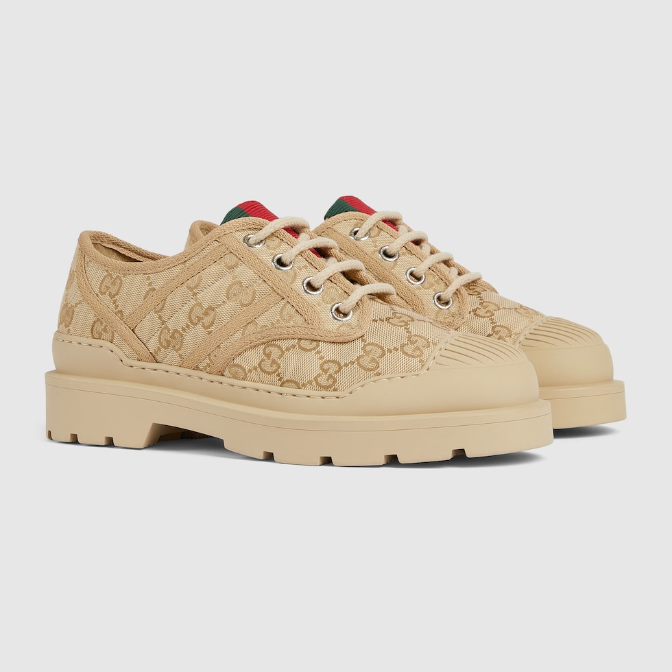 Women's lace-up shoe with Web in beige and dark brown Original GG ...