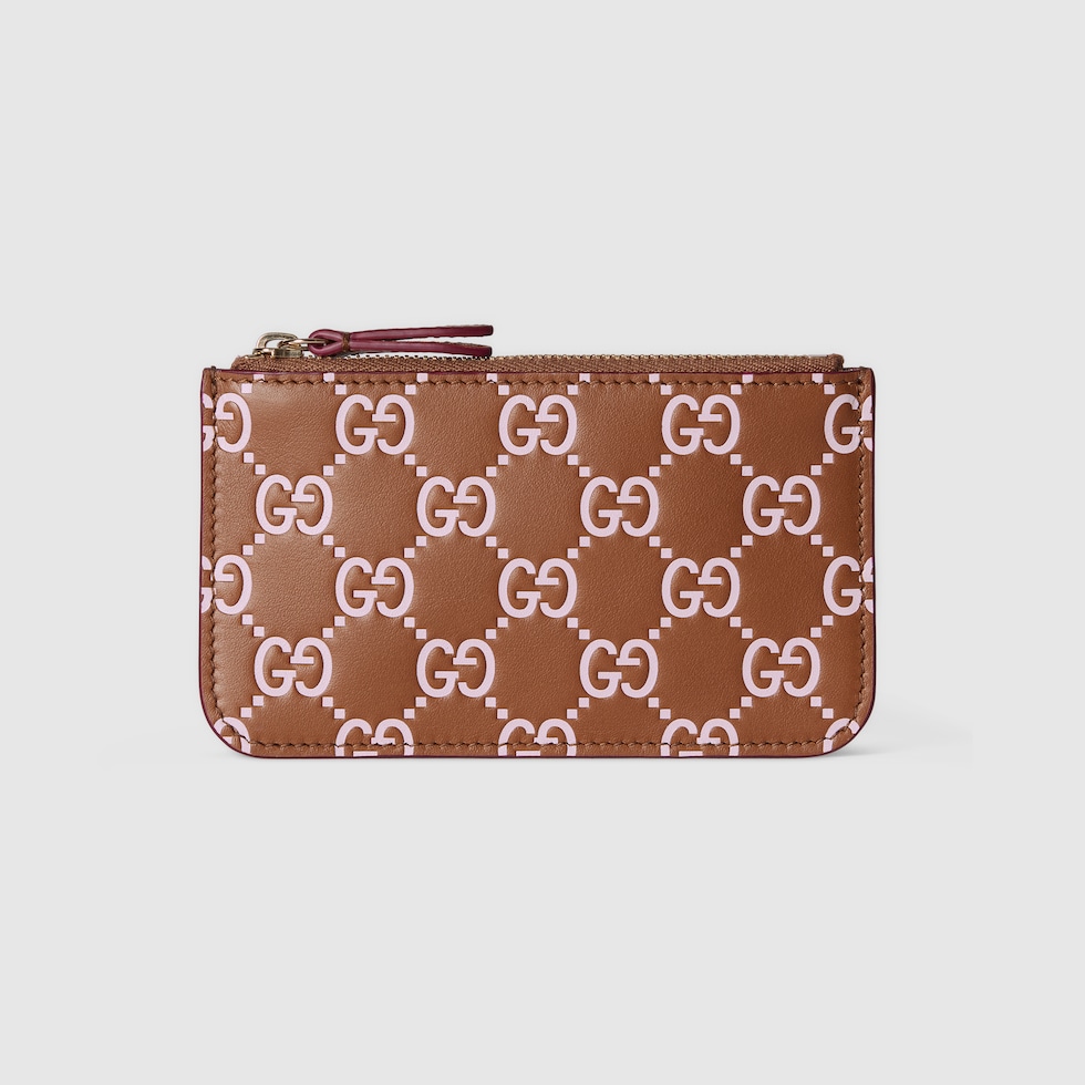 GG Emblem key pouch in brown and pink GG leather | GUCCI® NO