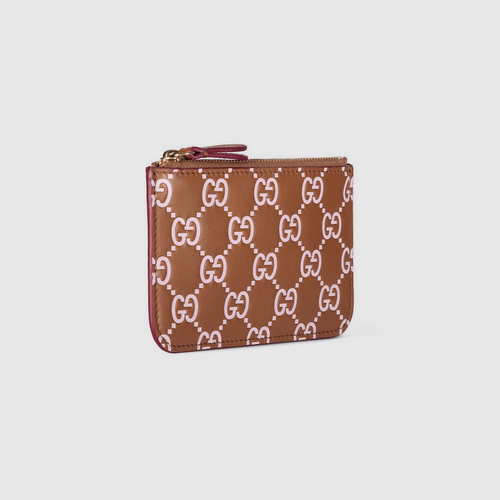 GG Emblem key pouch in brown and pink GG leather | GUCCI® MX
