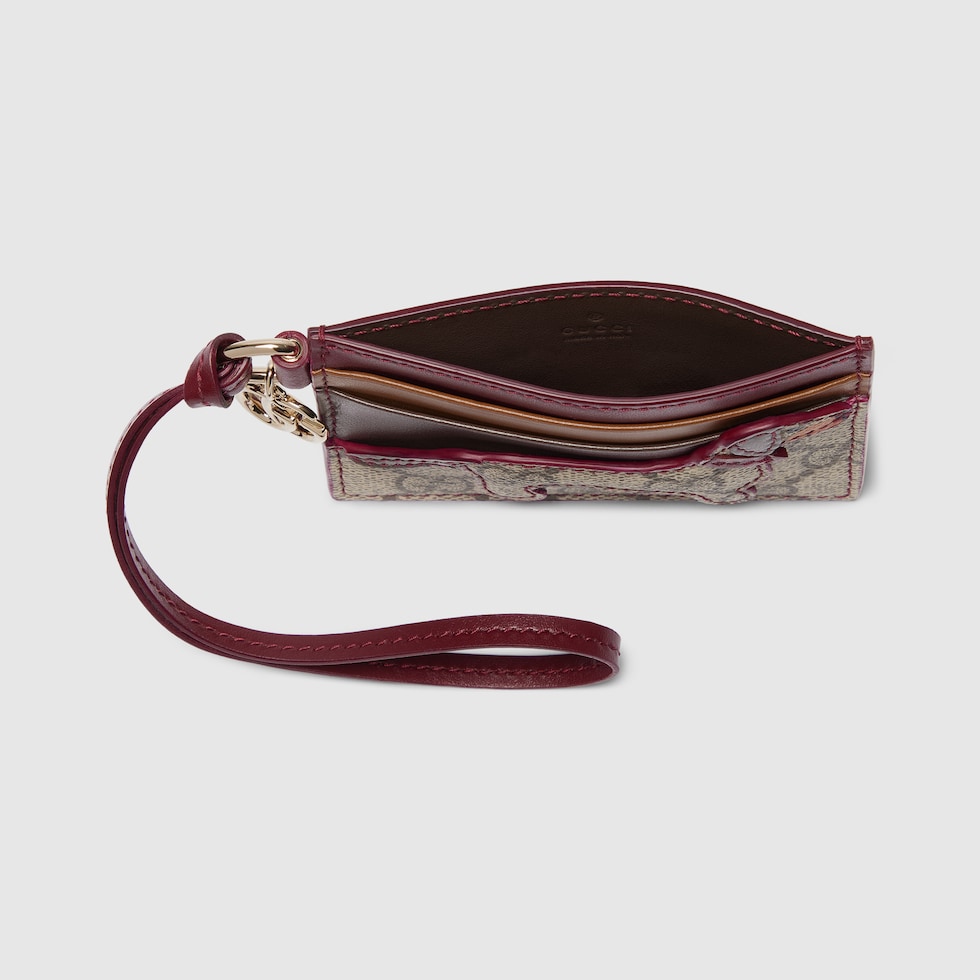 Card case with Double G and dog in beige and dark brown GG Supreme ...