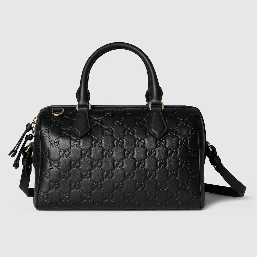 GG Emblem medium boston bag in black GG leather | GUCCI® ZA