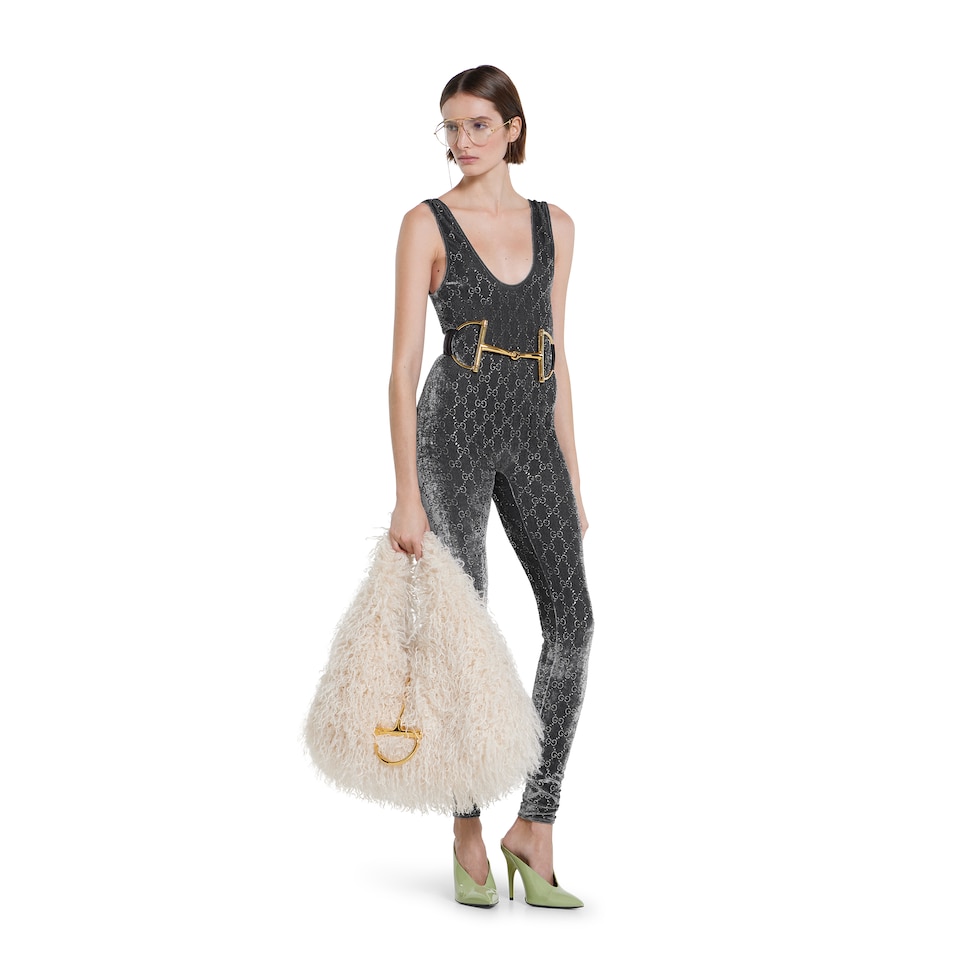 GG crystal embroidered jumpsuit in grey | GUCCI® IT