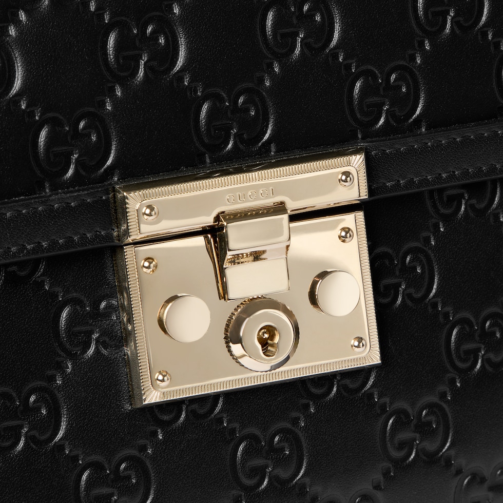 Padlock medium top handle bag in black GG leather | GUCCI® UK
