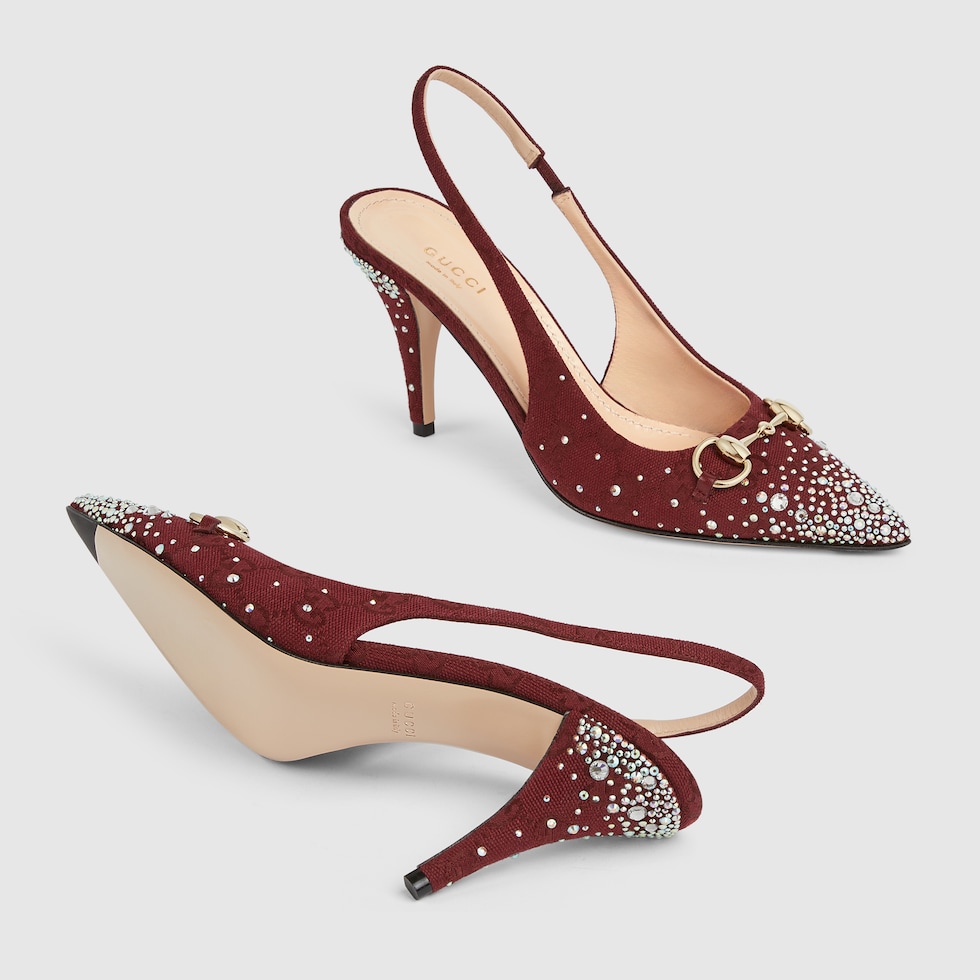Women's slingback pump with crystal Horsebit in Rosso Ancora canvas ...