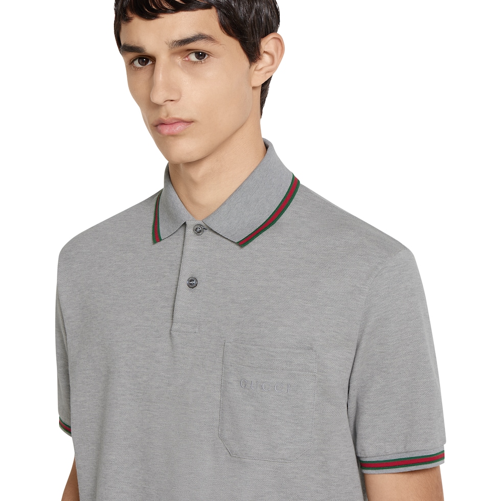 Cotton piquet polo shirt with embroidery in grey mélange | GUCCI® IE