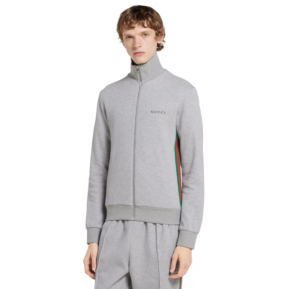 Cotton piquet double zip jacket in grey mélange | GUCCI® UK
