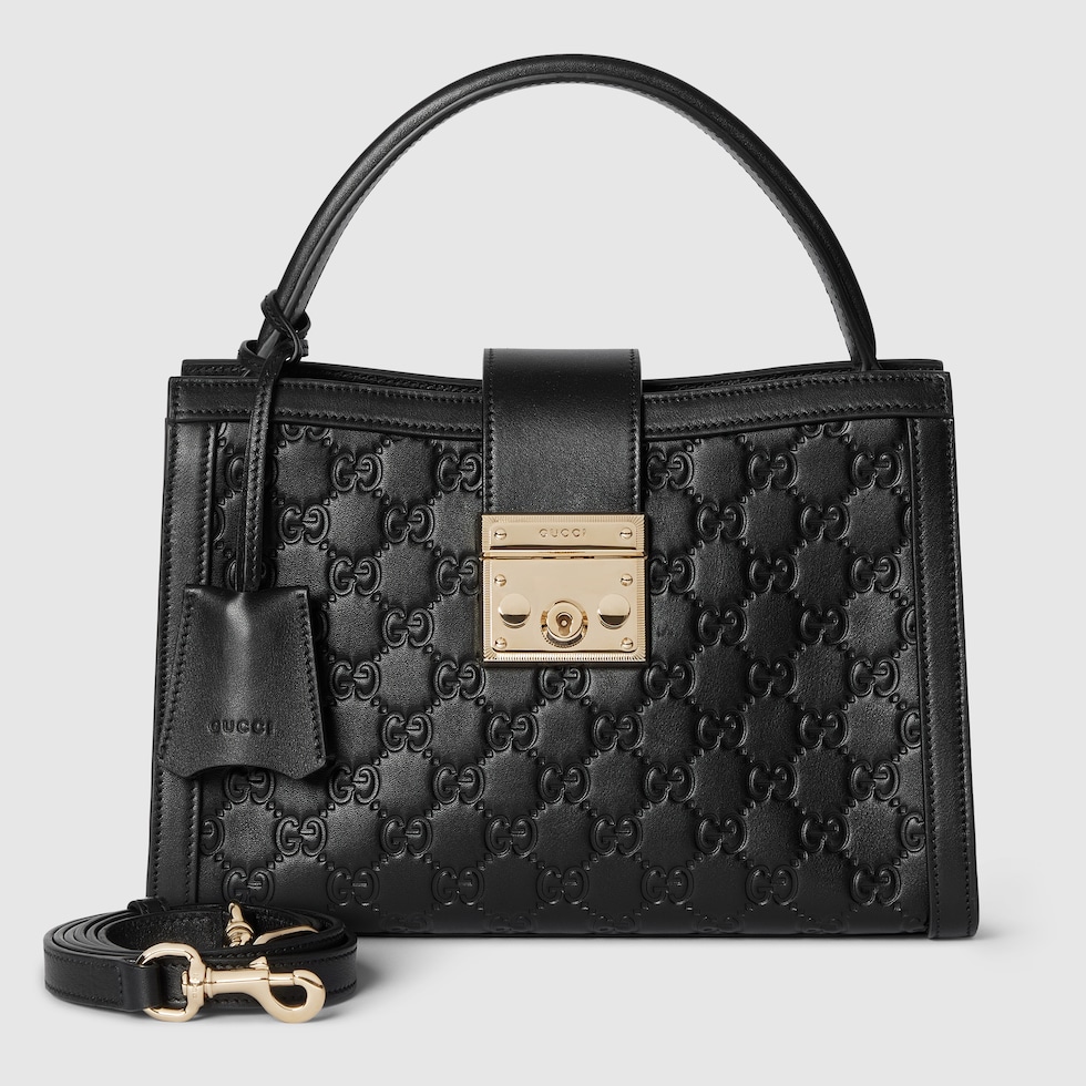 Padlock medium top handle bag in black GG leather | GUCCI® SA